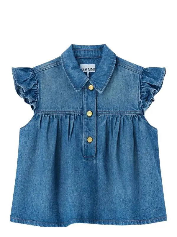 GANNI Denim Ruffle Top - Tint Wash