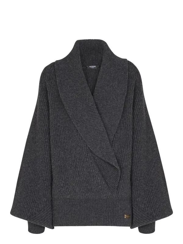 Balmain Batwing Open Neck Ribbed Knit Sweater - Grey