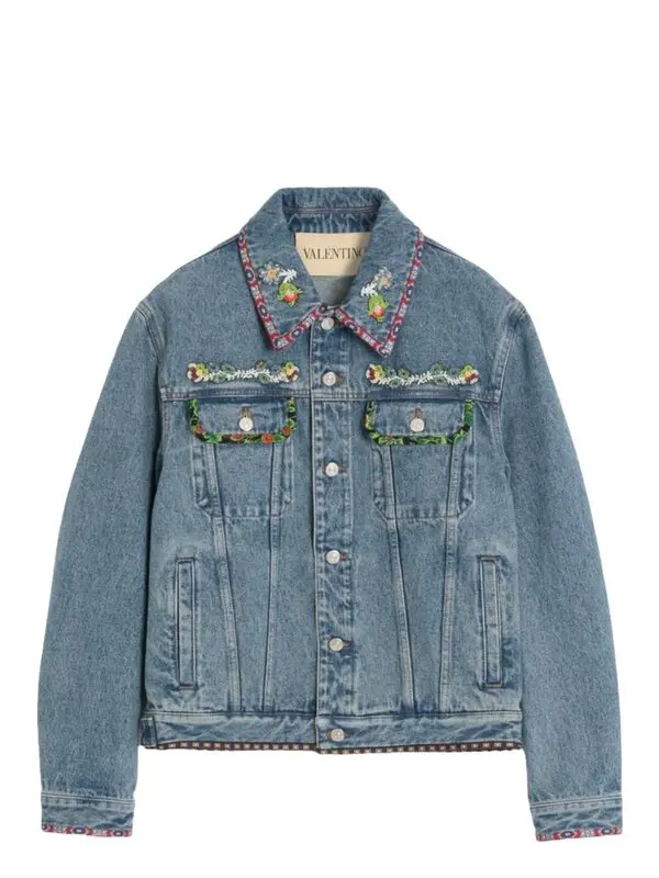 Valentino Garavani Embellished Floral Denim Jacket - Medium Blue