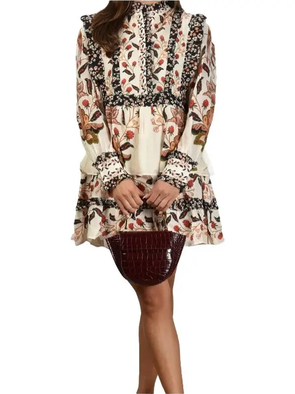 Farm Rio Ruched Floral Long-sleeve Dress - Nude