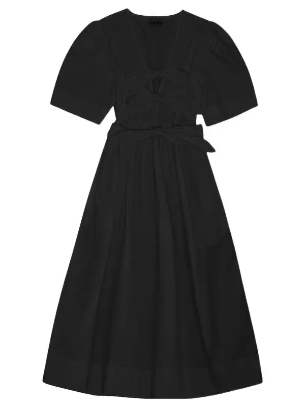 GANNI Deep V-neck Flared Dress With Pleated Details And Belted Waist - Black