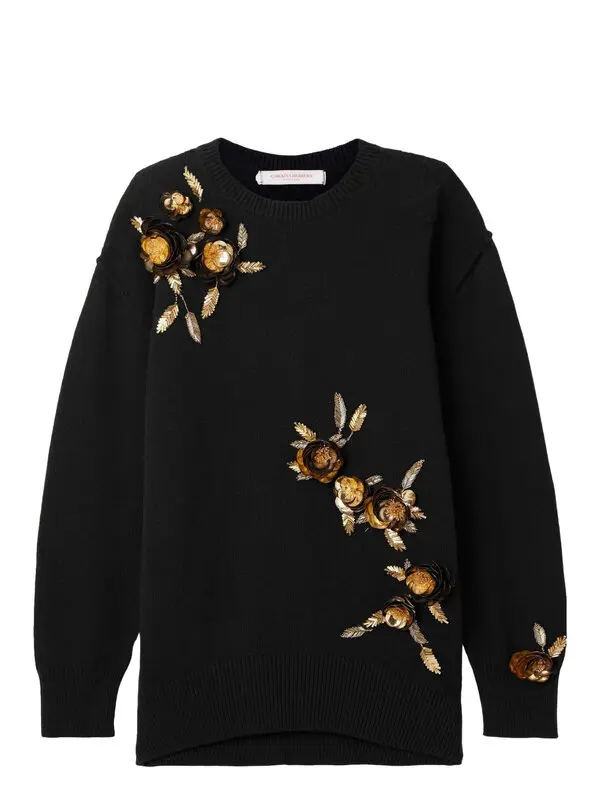 Carolina Herrera Embroidered Wool And Cashmere Blend Sweater - Black