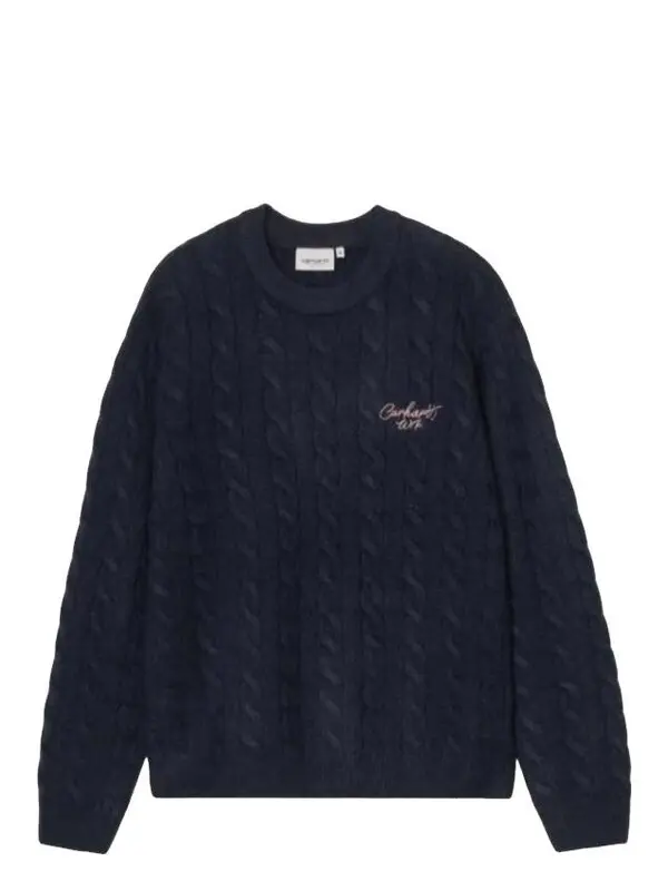Carhartt Work In Progress Classic Cable Knit Crewneck Sweater - Deep Night / Glassy Pink