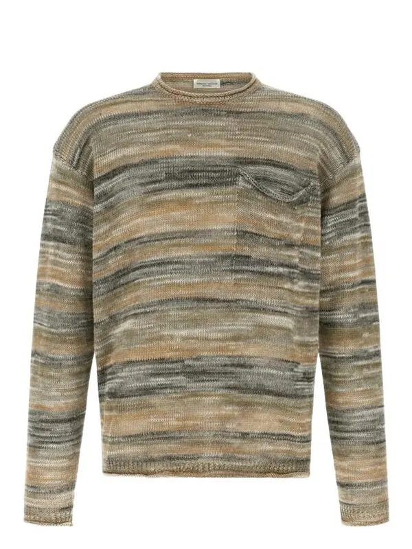 ROBERTO COLLINA Striped Crew Neck Long Sleeve Knitwear With Chest Pocket - Brown