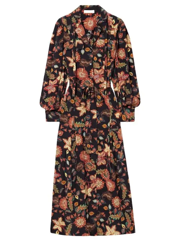 Ulla Johnson Floral-printed Silk Midi Dress With Drawstring Belt - Black
