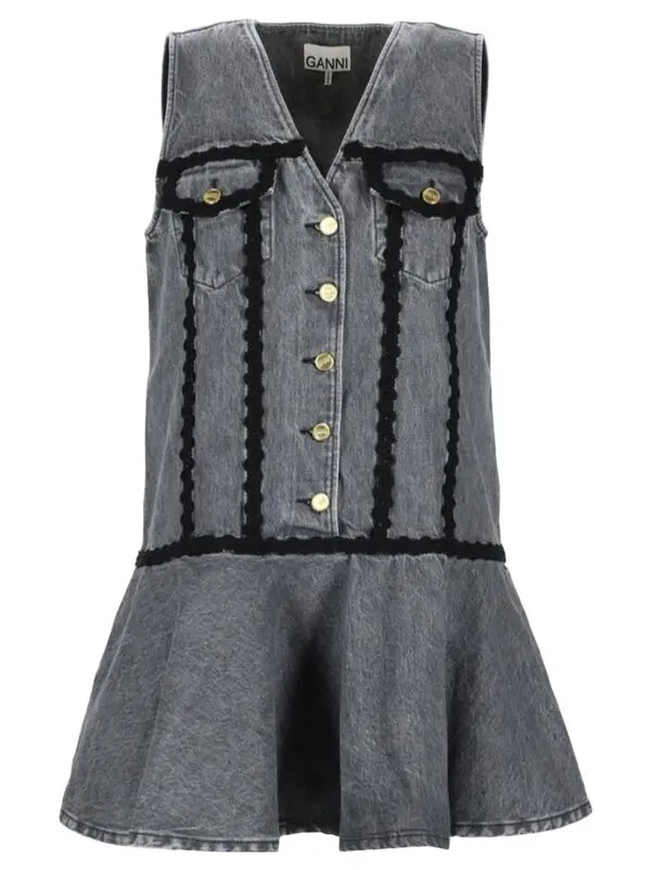 GANNI Sleeveless V-neck Denim Dress With Button Closure - Gray