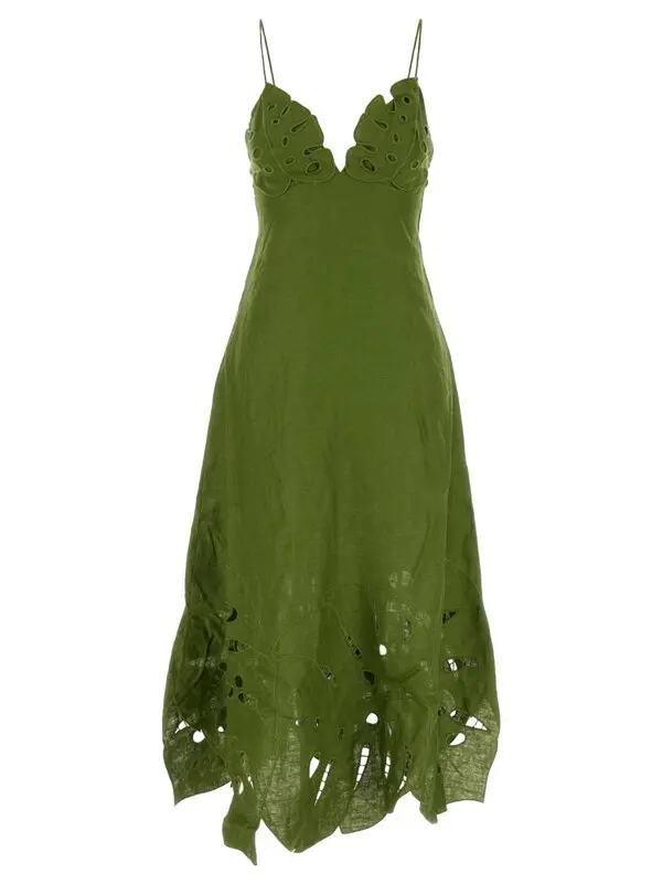 Farm Rio Leaf Applique Linen Midi Dress - Green