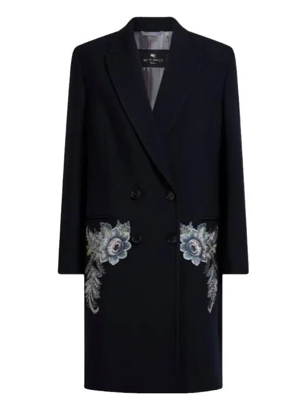 Etro Double Breasted Embroidered Coat - Blue