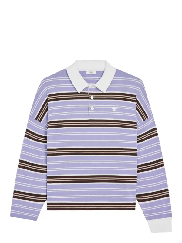 Celine Polo Sweater In Striped Cotton - Lavender/brown/hazel