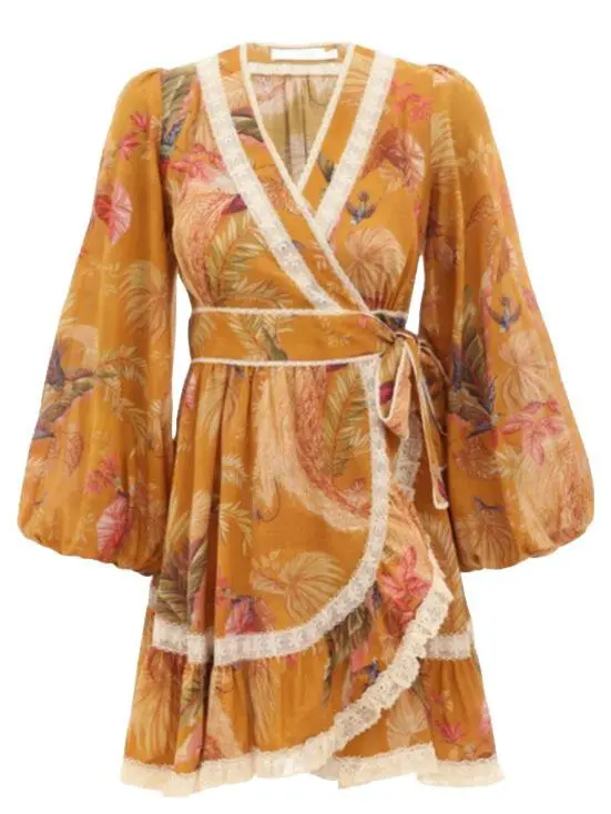 Zimmermann Ascension Frill Mini Dress - Mustard Palm Floral