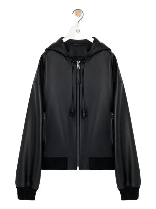 Loewe Leather Hooded Jacket With Anagram Patch - Black