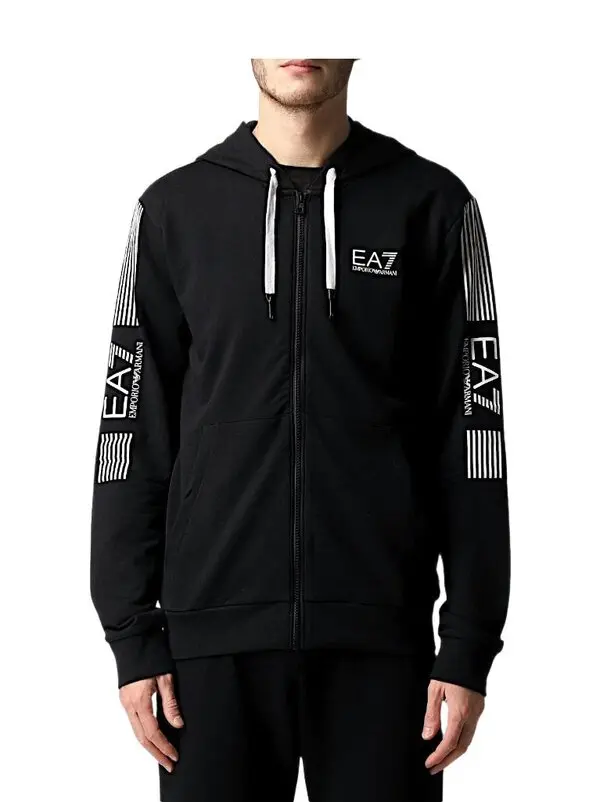 EA7 Hooded Zip-up Jacket With Contrasting Stripe Detail - Black