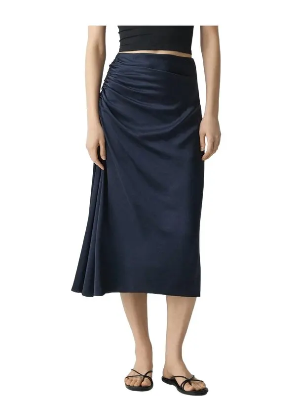 Theory Crushed Satin Ruched Midi Skirt - Black