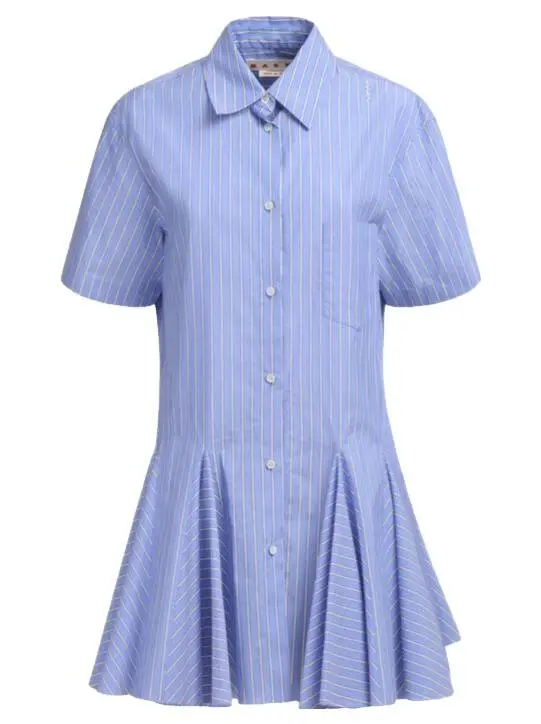 Marni Poplin Striped Shirt Dress With Pleated Skirt - Blue