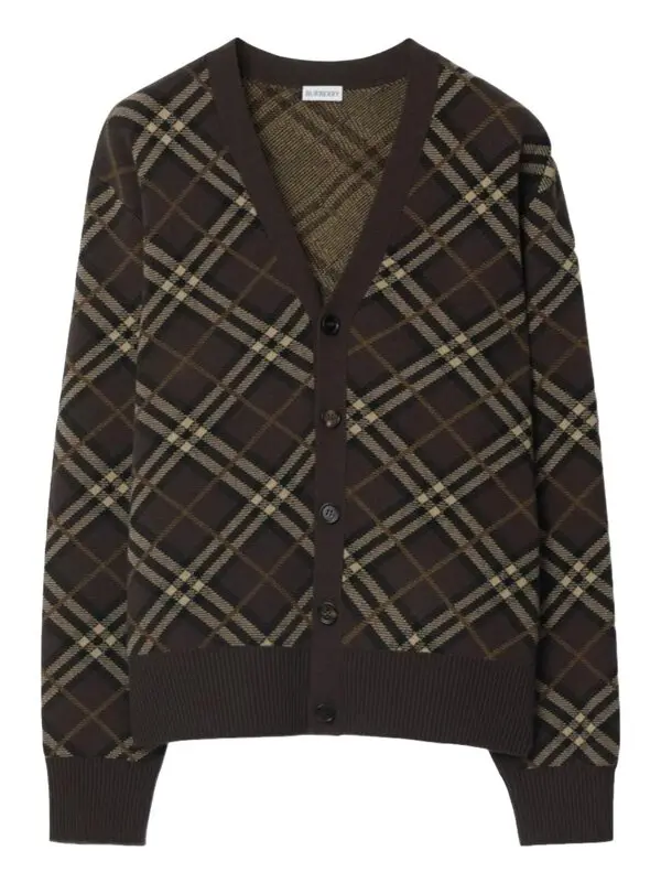 Burberry Checked V-neck Knitted Cardigan - Truffle Brown