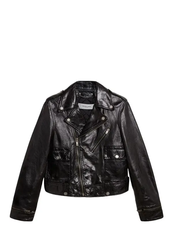 GOLDEN GOOSE Off-center Zipped Leather Biker Jacket - Black