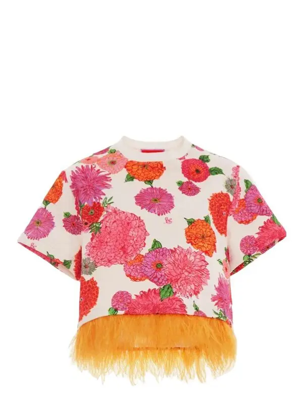 La DoubleJ La Scala Floral-print Blouse With Feather Trim - Nude