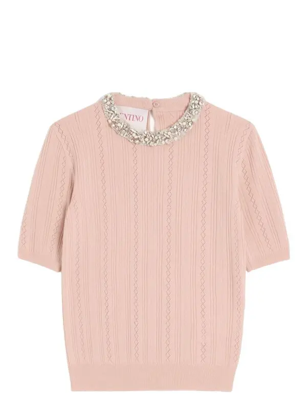 Valentino Garavani Vertical Striped Short-sleeve Embellished Knit Sweater - Nude