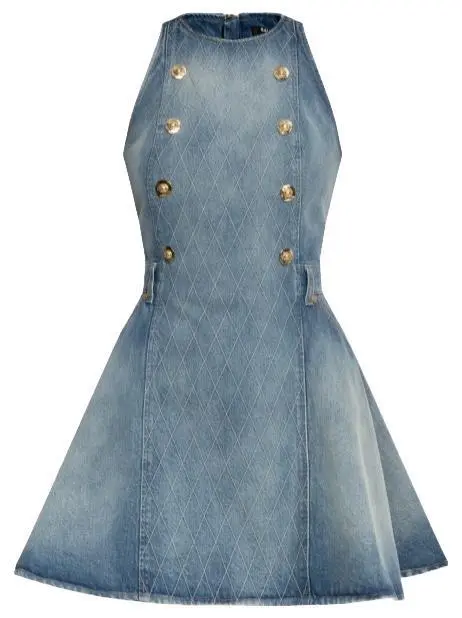 Balmain Sleeveless Denim Mini Dress With Contrast Stitching - Blue