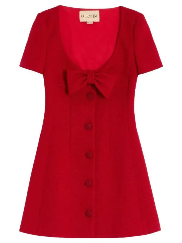 Valentino Garavani Short Dress In Wool Tweed With Bow And Button Detail - Red