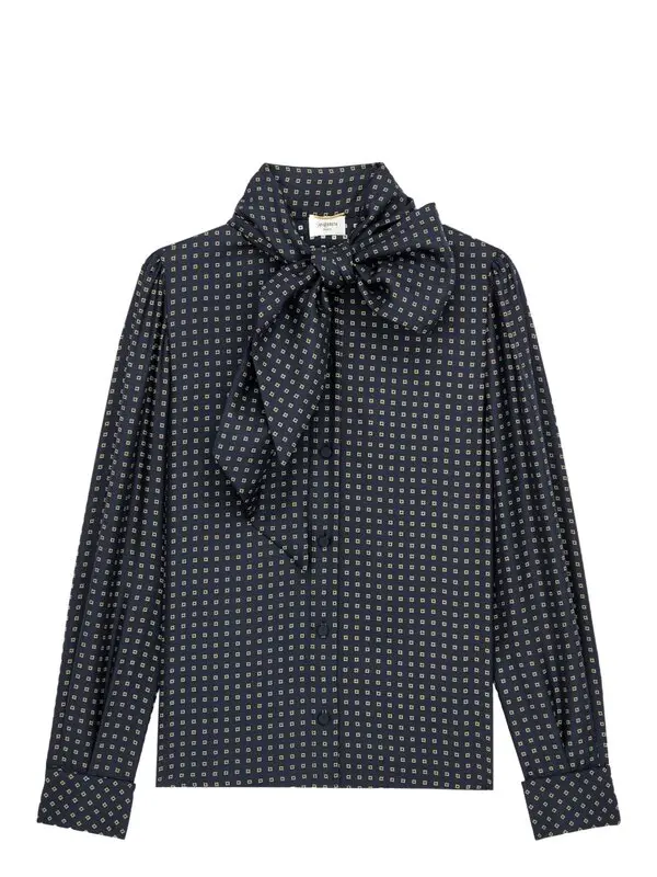 Saint Laurent Silk Crepe Satin Shirt With Floral Print And Bow Detail - Sea-blue