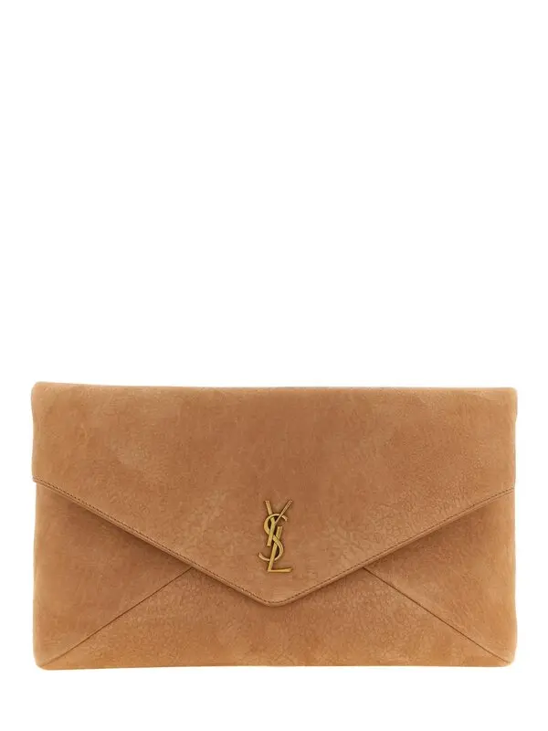 Saint Laurent Cassandre Logo Plaque Envelope Clutch Bag - Brown