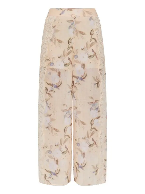 Zimmermann Floral-print Lace-insert High-rise Trousers - Nude