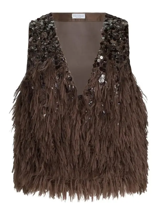 Brunello Cucinelli Sequin Embellished Feather Vest - Black