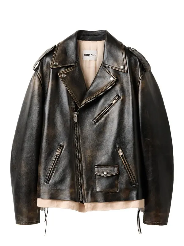 Miu Miu Nappa Leather Biker Jacket - Mustard Yellow/black