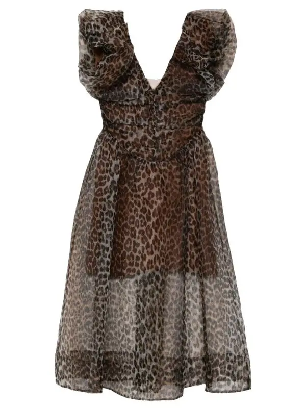 GANNI Ruffled Sheer Midi Dress - Black