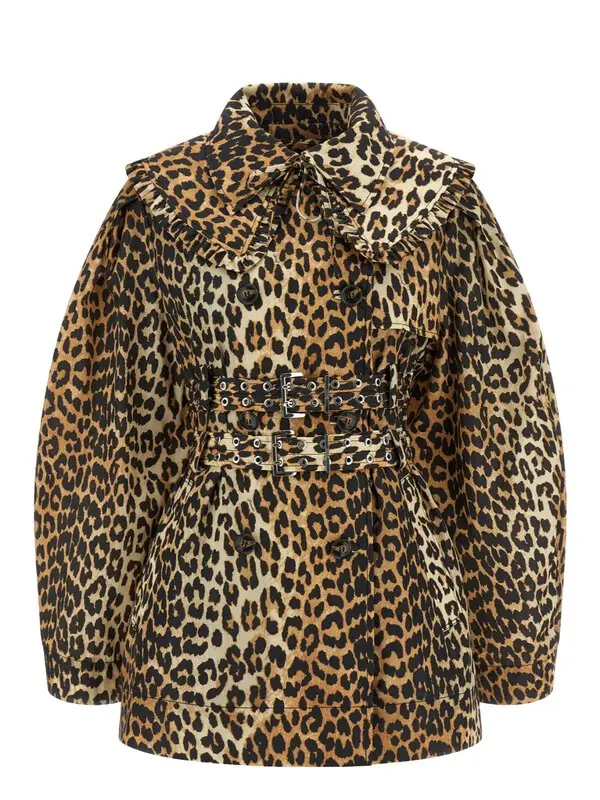 GANNI Double-breasted Leopard Print Trench Coat With Removable Ruffle Lapel - Black