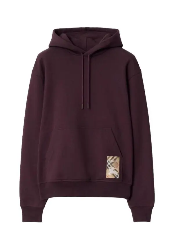 Burberry Checked Label Drawstring Hoodie - Wine Red