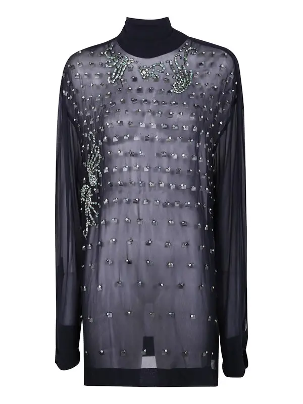 Dries Van Noten High Neck Embellished Blouse - Navy