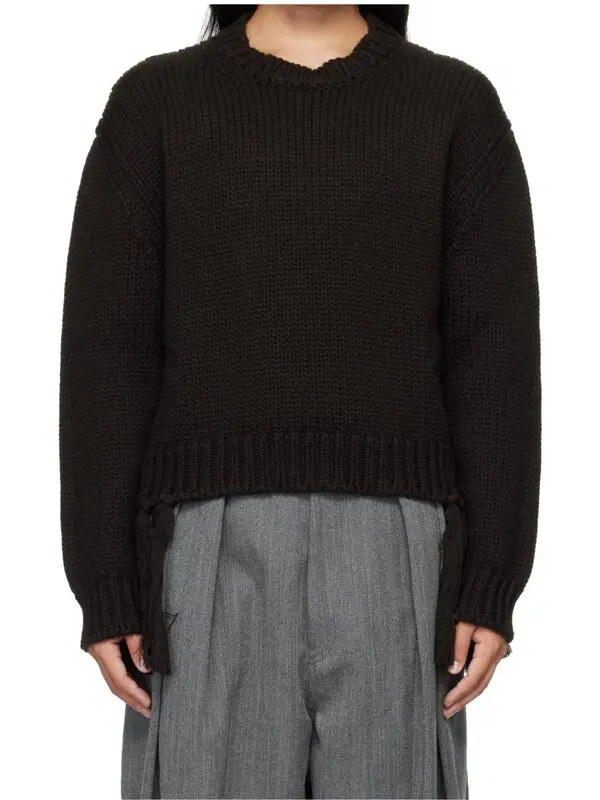 HED MAYNER Crew Neck Heavy Knit Sweater With Fringe Detailing - Dark Brown