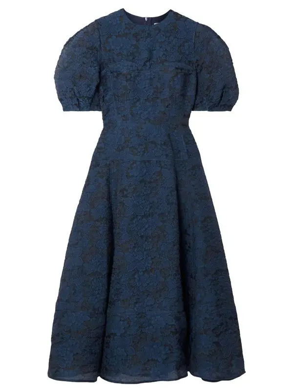 Erdem Kyla Pleated Puff Sleeve Dress - Navy Blue