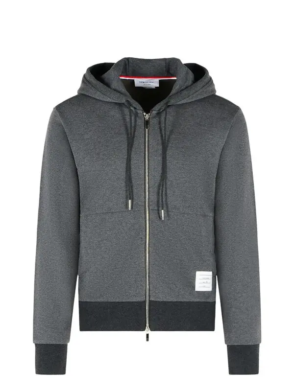 Thom Browne Zip-up Hoodie With Signature Name Tag - Grey