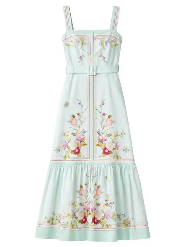 SELF-PORTRAIT Floral Belted Midi Dress - Mint Green