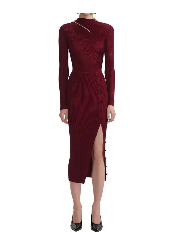 SELF-PORTRAIT Ribbed Knit Cut-out Midi Dress - Burgundy Red