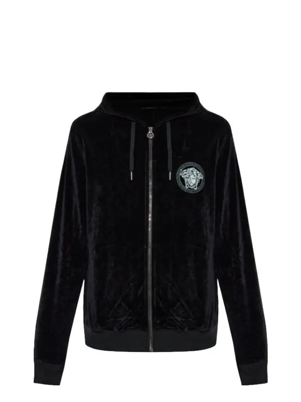 Versace Zip-up Drawstring Hoodie With Graphic Print - Black