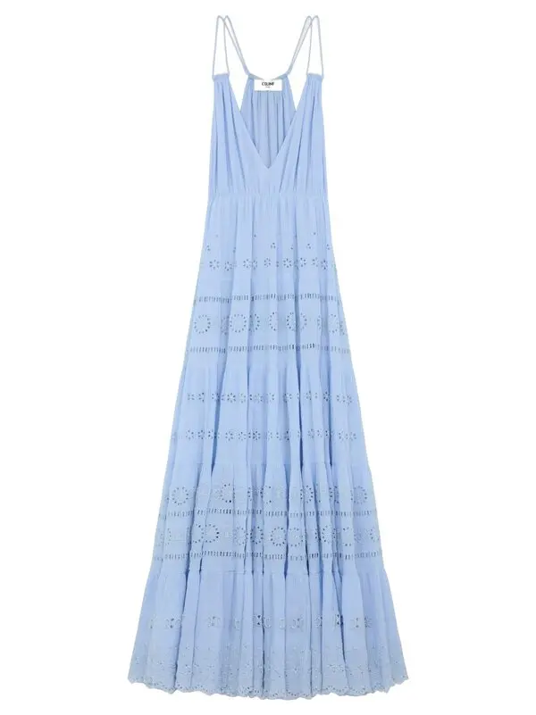 Celine Embroidered Long Dress In Cotton Silk Crepon - Blue Sky