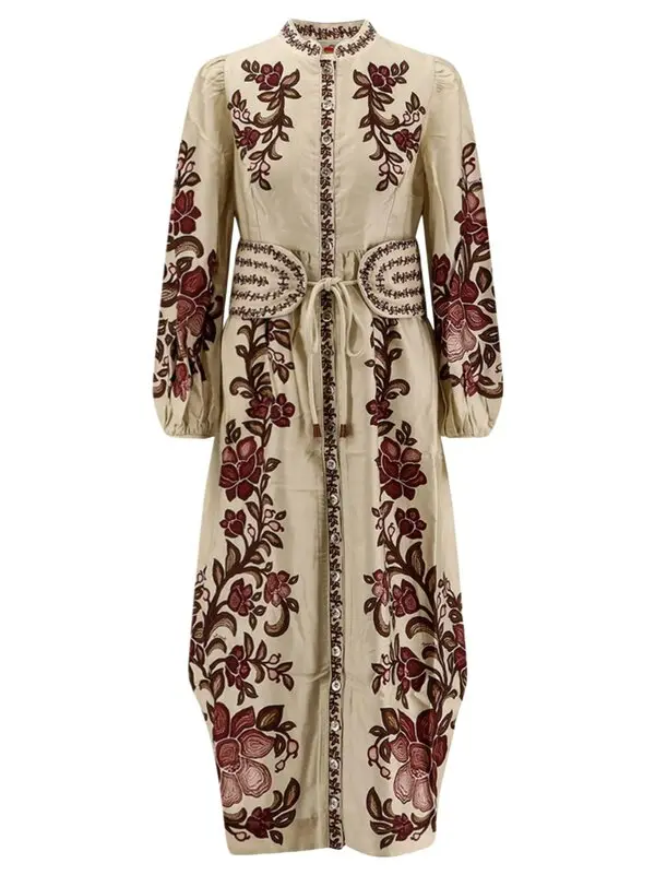 Farm Rio Long Sleeve Floral Print Midi Dress - Nude