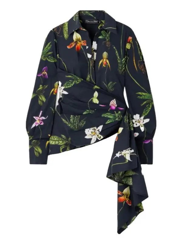 Oscar De La Renta Asymmetrical Floral Print Shirt - Black