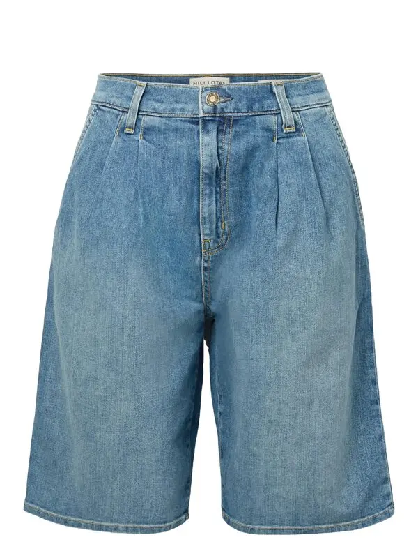 NILI LOTAN Julie Pleated Denim Shorts - Blue