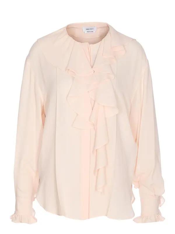 Alexander McQueen Long Sleeve Ruffled Crewneck Blouse - Nude