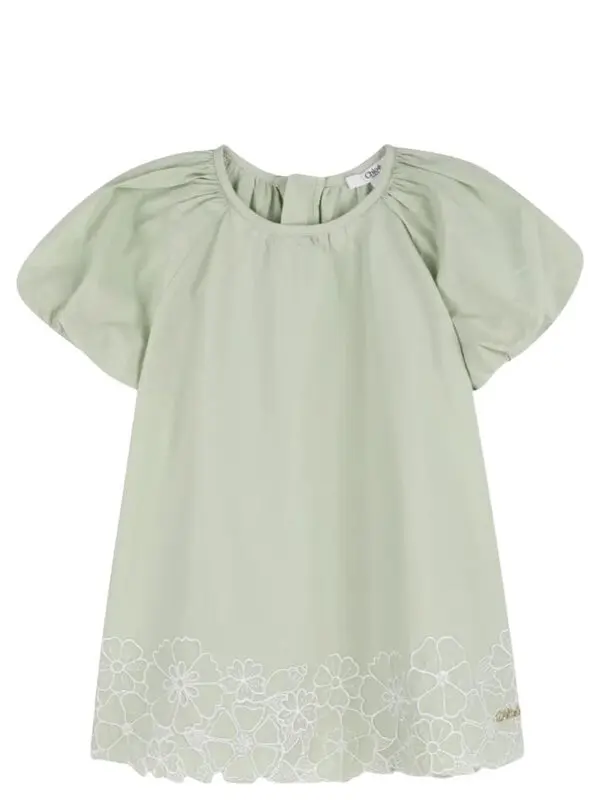 Chloé Floral Embroidered Round Neck Short Sleeve Dress - Green