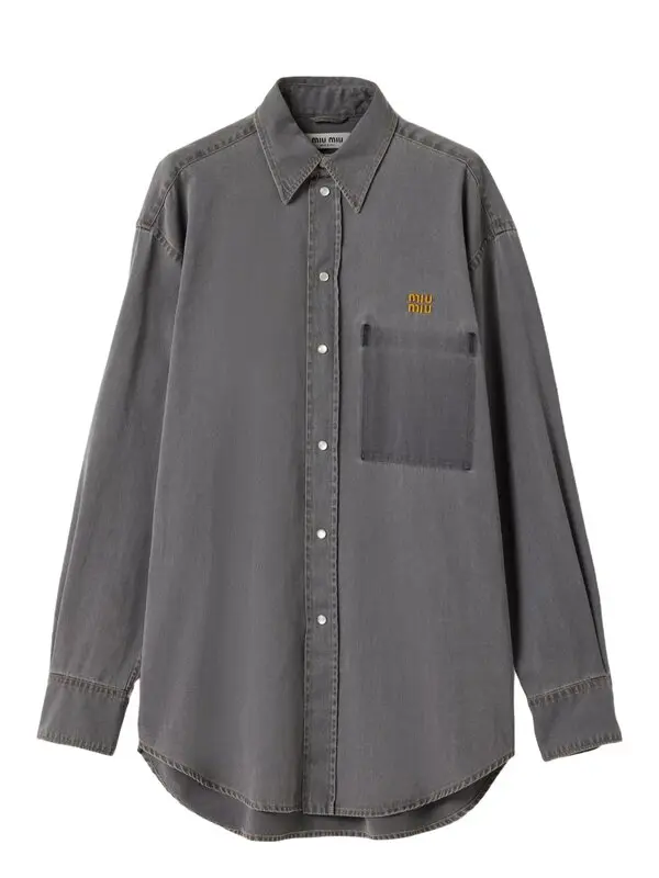 Miu Miu Chambray Shirt With Embroidered Logo - Grey