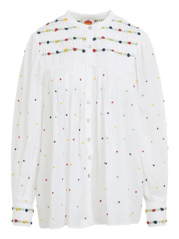 Farm Rio Smocked Embroidered Blouse - White