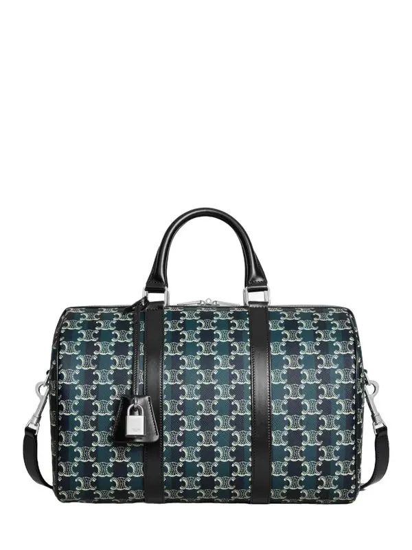 Celine Large Boston Bag In Striped Triomphe Canvas And Calfskin - Black/navy Blue