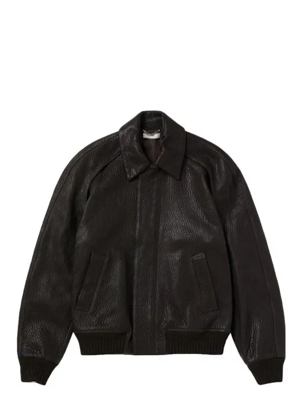 1989 STUDIO Leather Bomber Jacket With Ribbed Wool Cuffs - Dark Brown