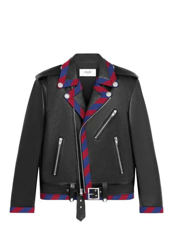 Celine Braided Biker Jacket In Calfskin With Striped Trim - Black